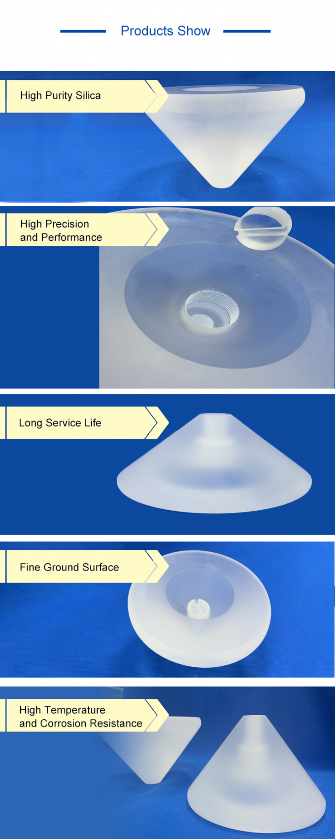 Fine carving Machining Quartz Glass High Purity Silica Cones Parts